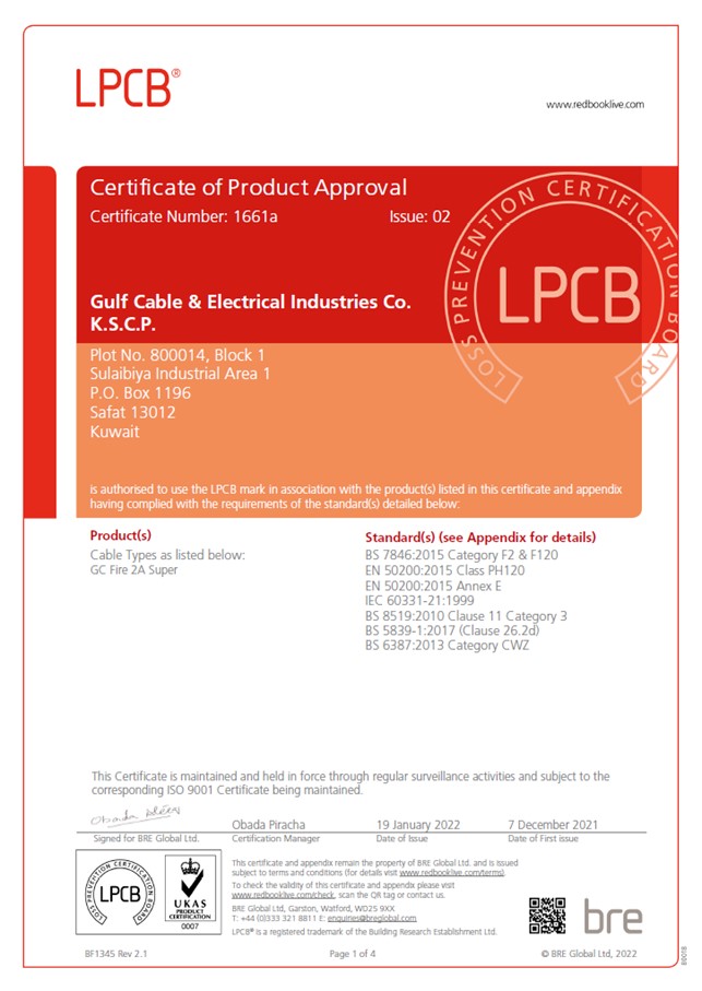 LPCB Certificate for Fire Resistant Cables